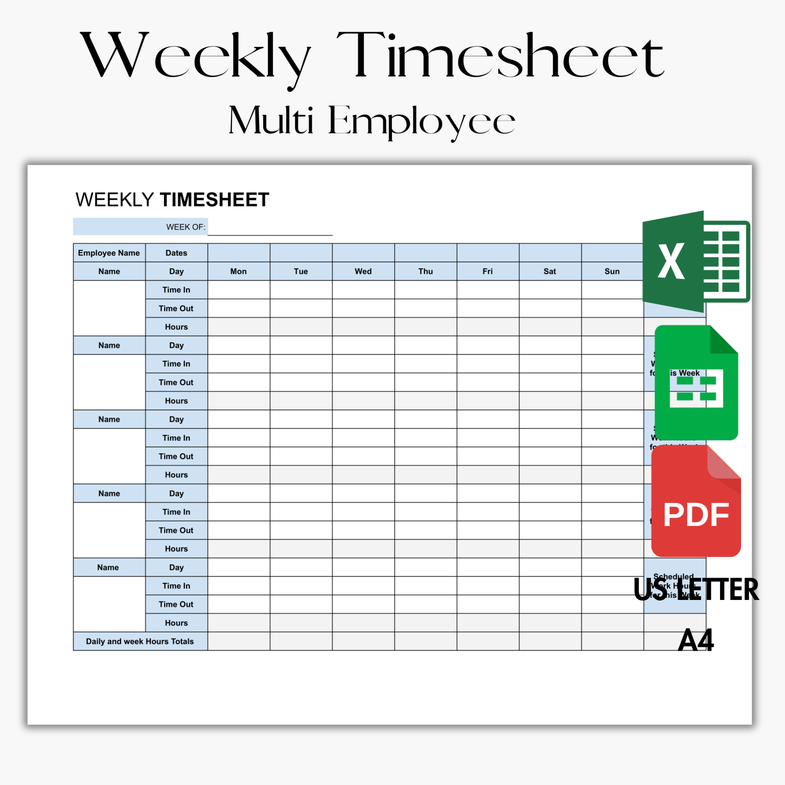 Weekly Timesheet Template For Multiple Employees Google Sheet & Excel ...