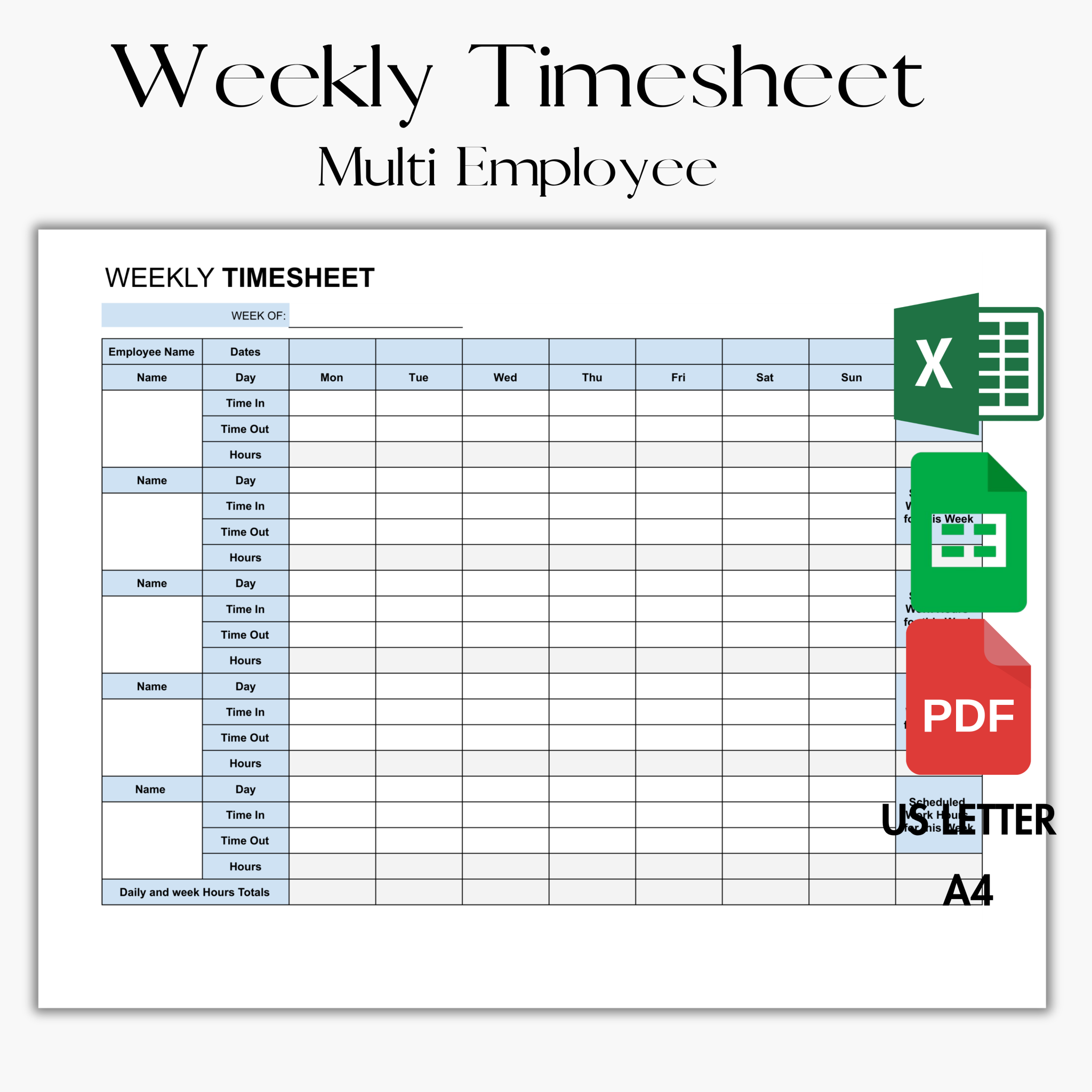 Weekly Timesheet Template For Multiple Employees Google Sheet & Excel ...