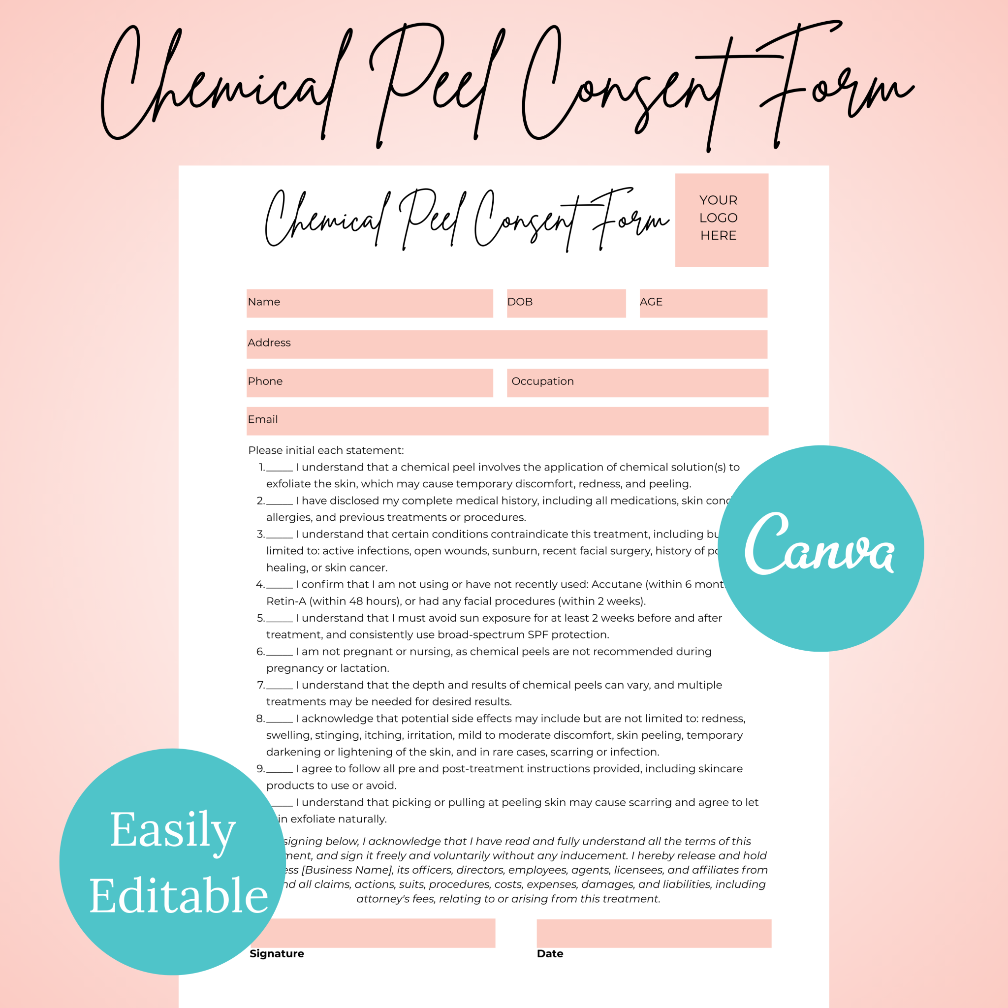 Editable Simple Chemical Peel Consent Form Template