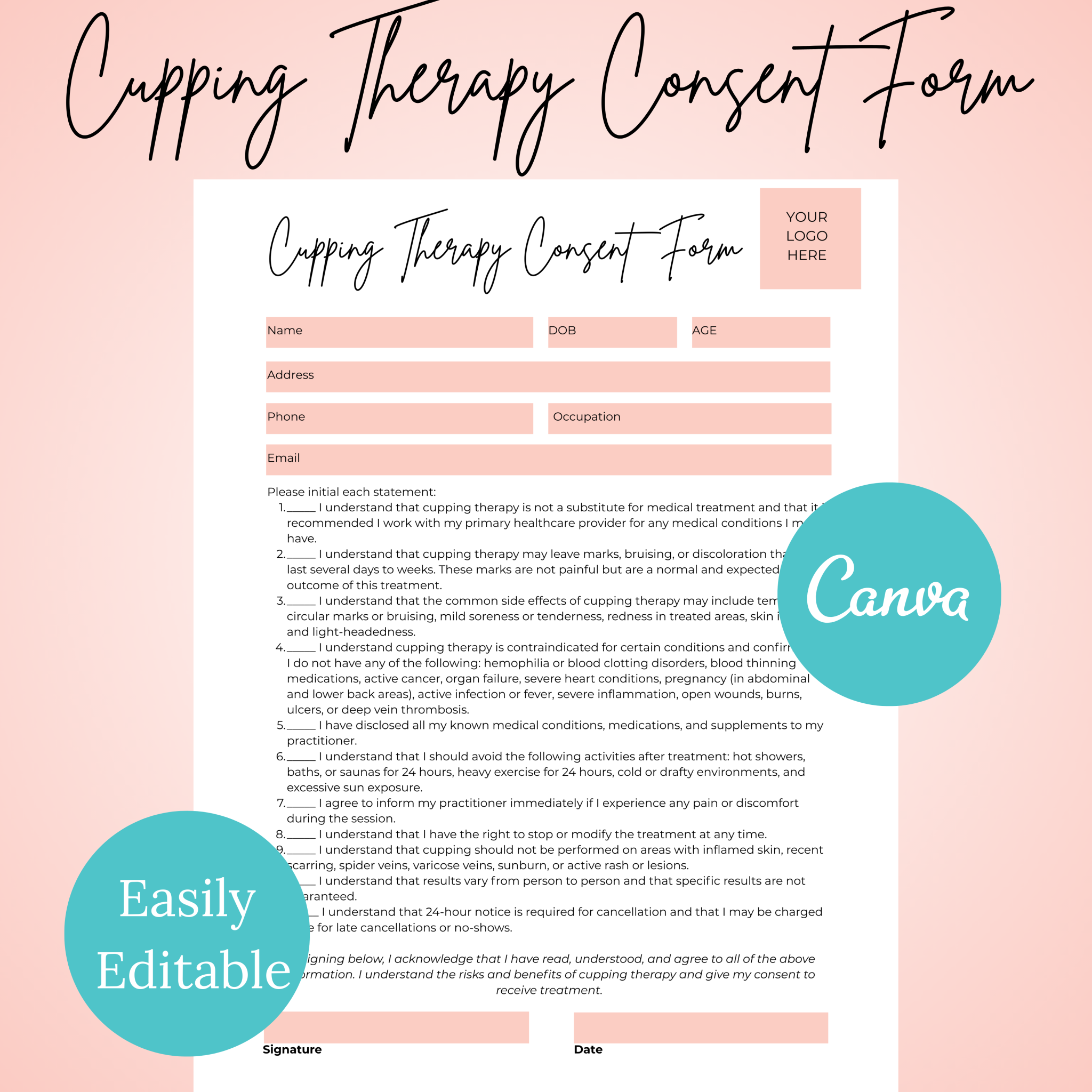 Editable Simple Cupping Therapy Consent Form PDF