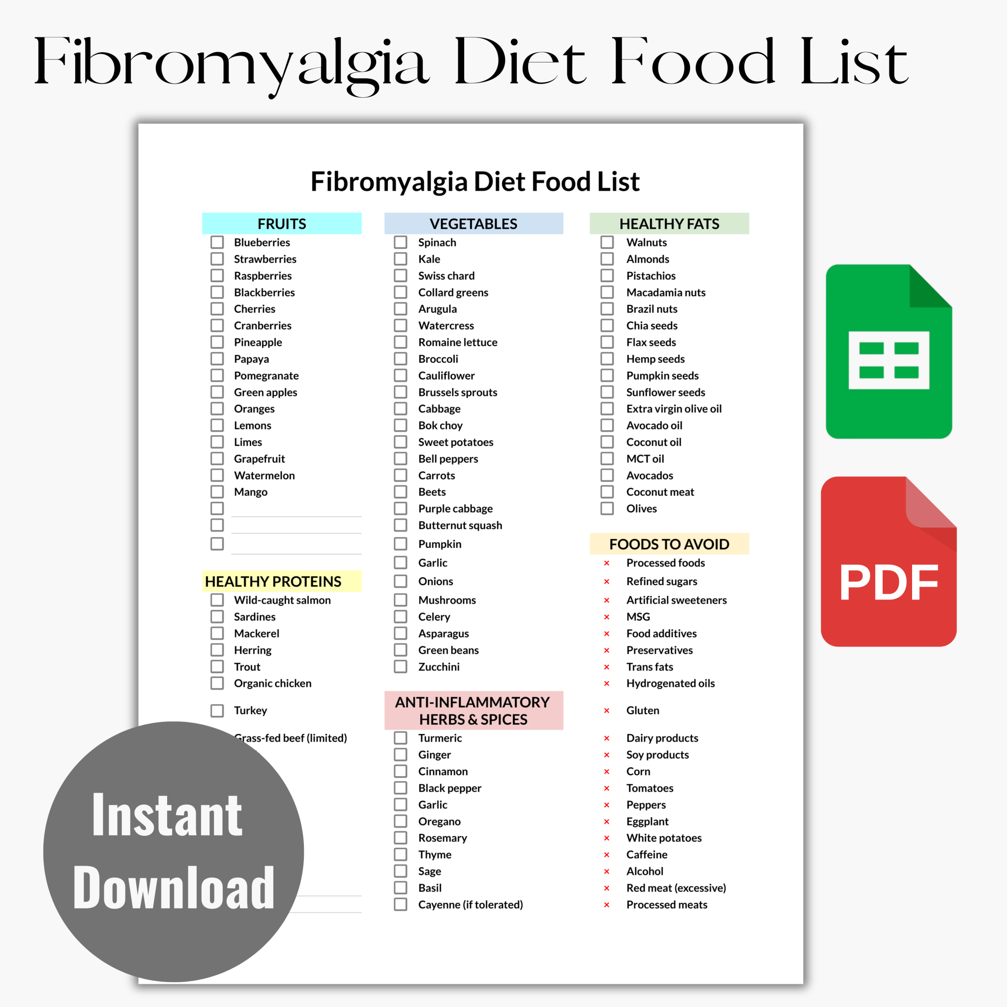 Large-Print Fibromyalgia Diet Food List and Grocery List (INSTANT DOWNLOAD)