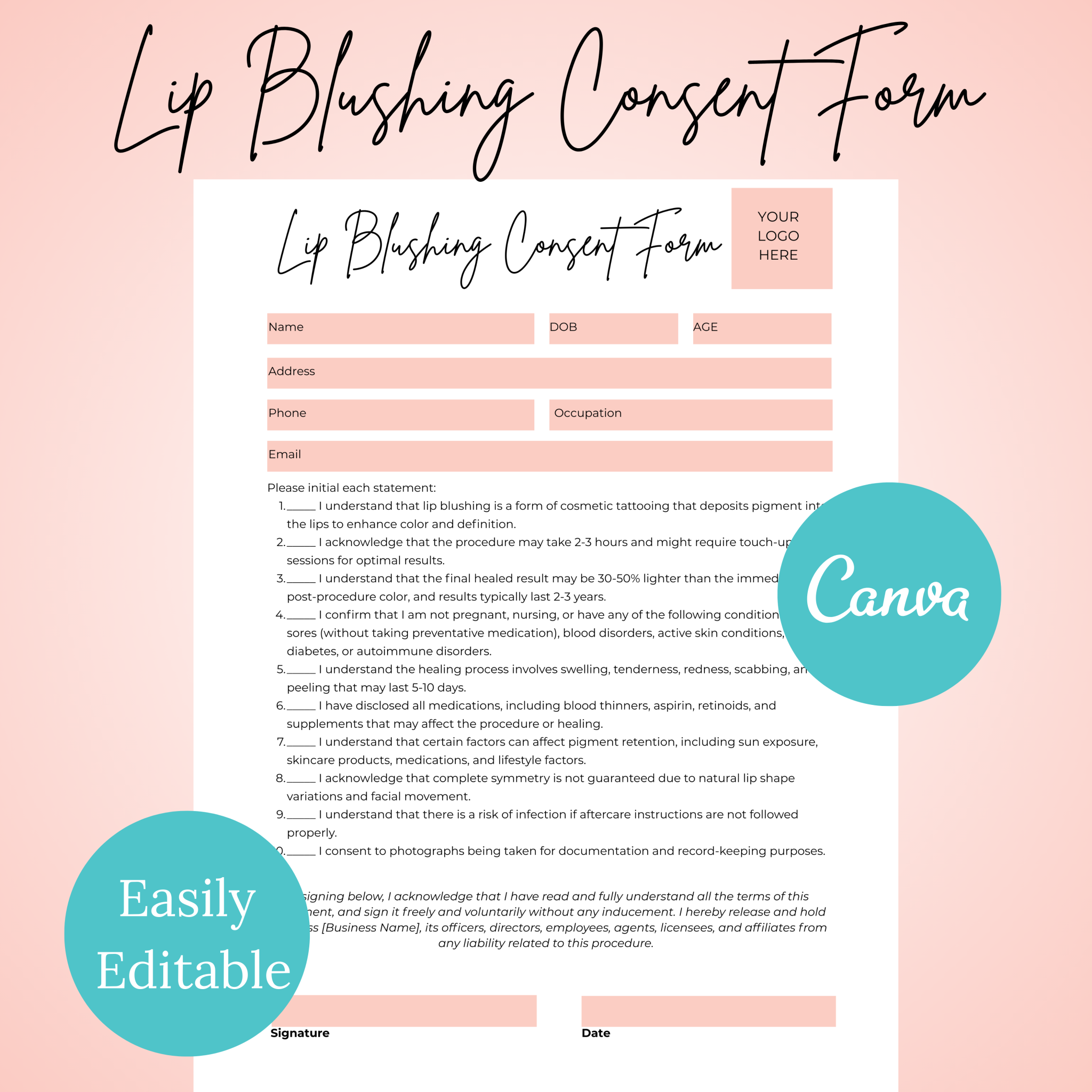 Editable Simple Lip Blushing Consent Form Template