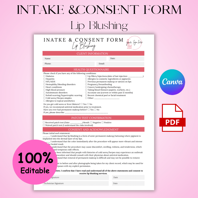 Editable Simple Lip Blushing Intake and Consent Form