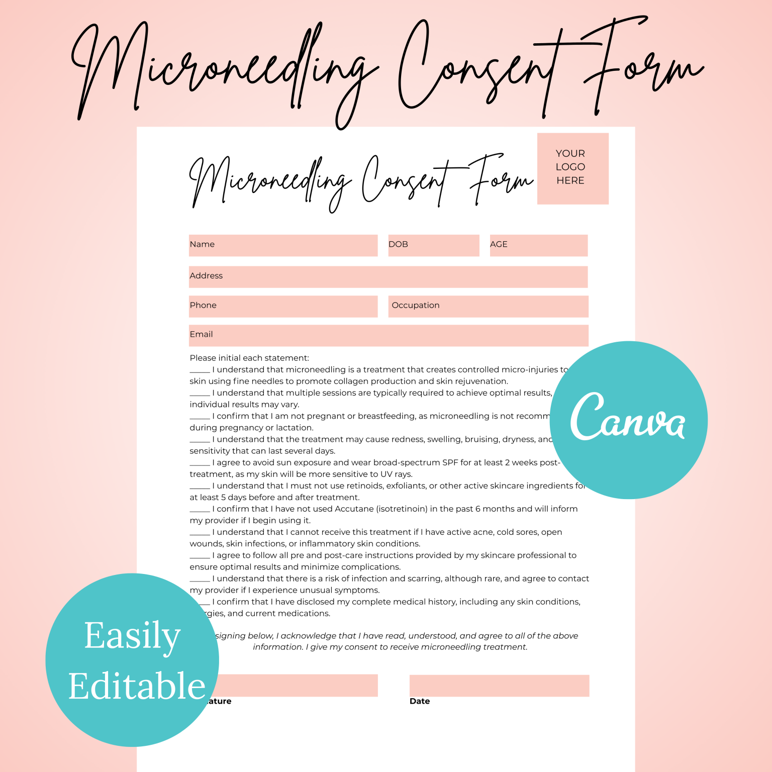 Editable Simple Microneedling Consent Form PDF