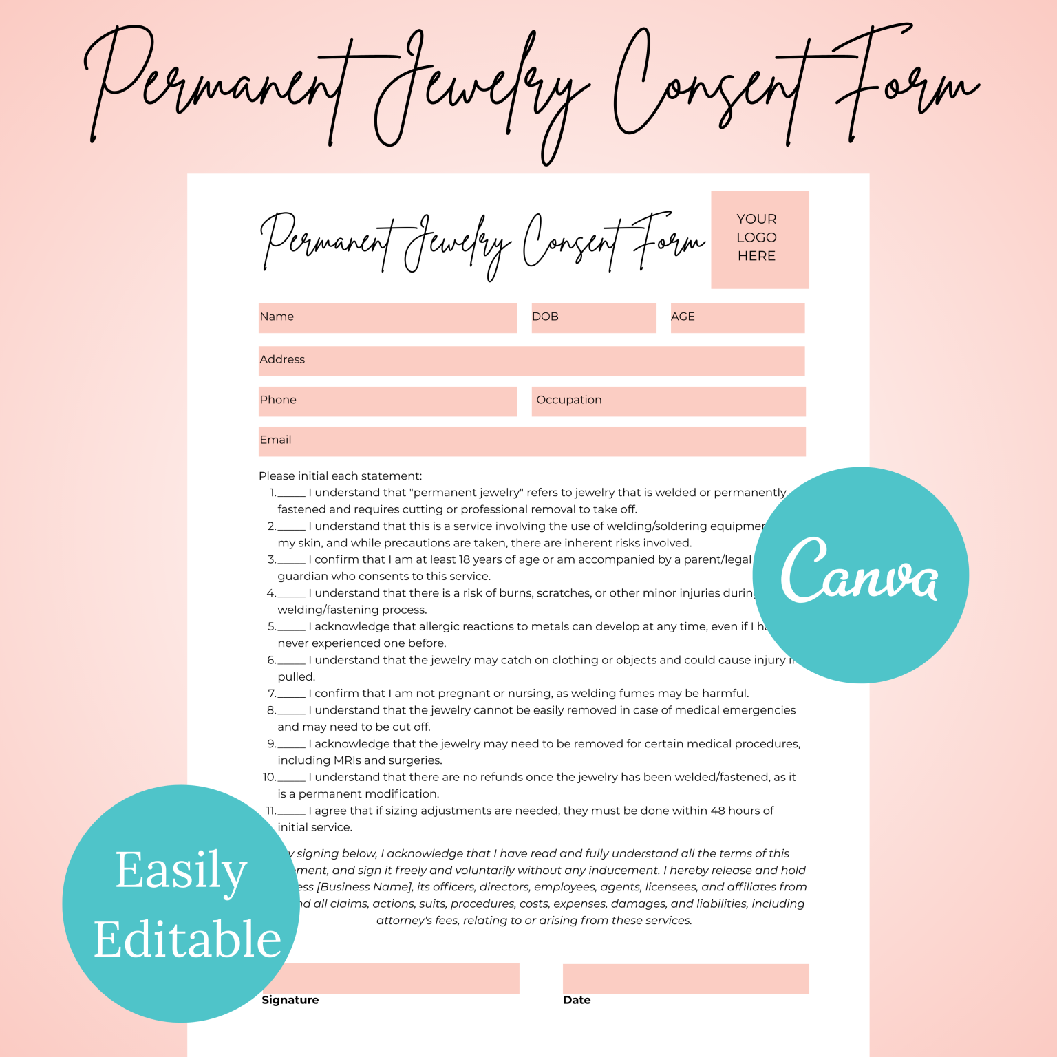 Editable Simple Permanent Jewelry Consent Form Template