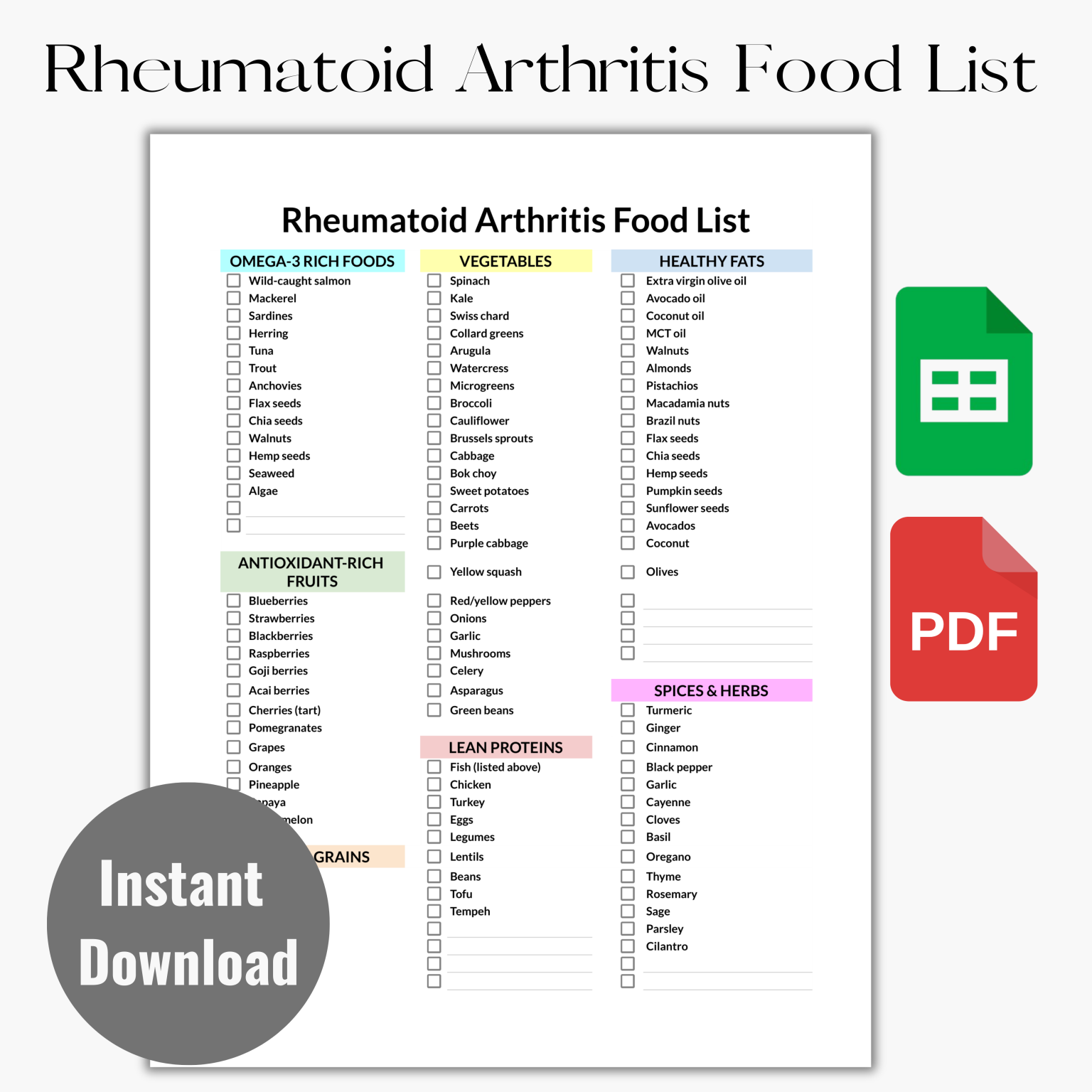Large-Print Rheumatoid Arthritis Food List and Grocery List (INSTANT ...