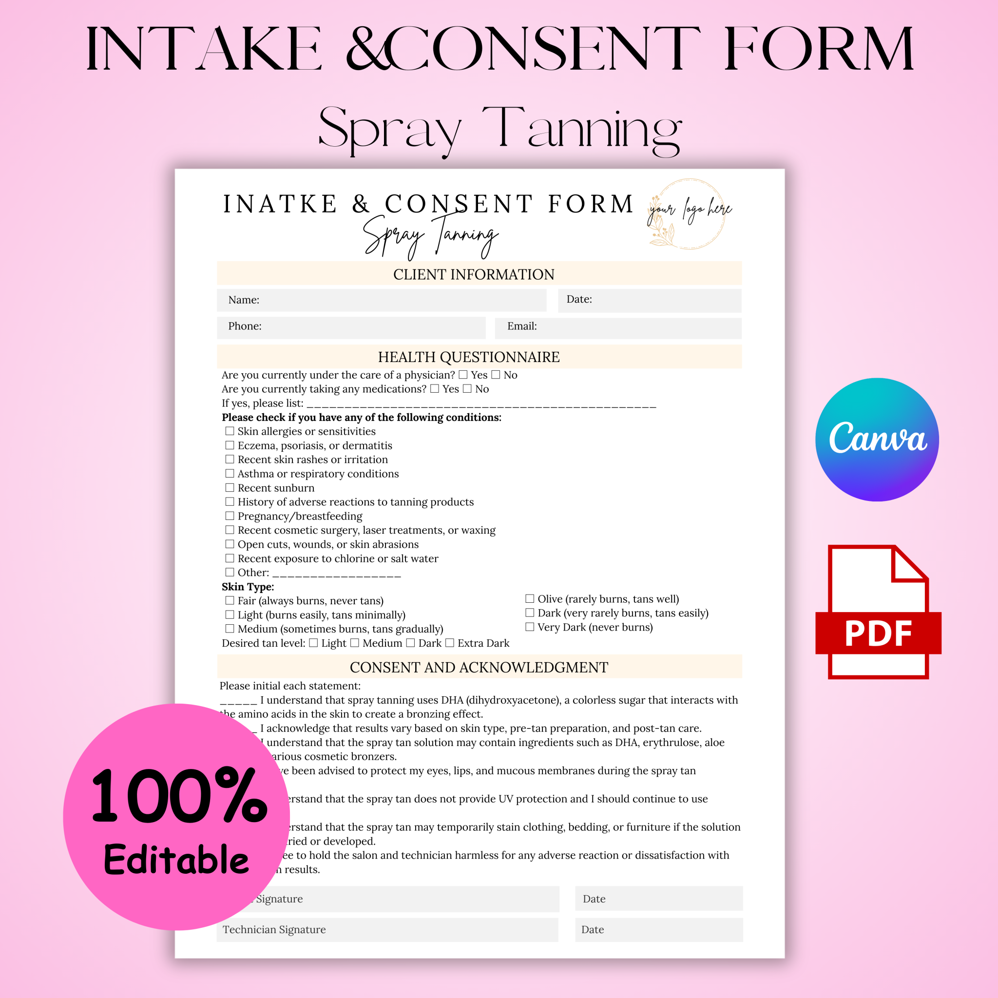 Editable Simple Spray Tanning Intake and Consent Form