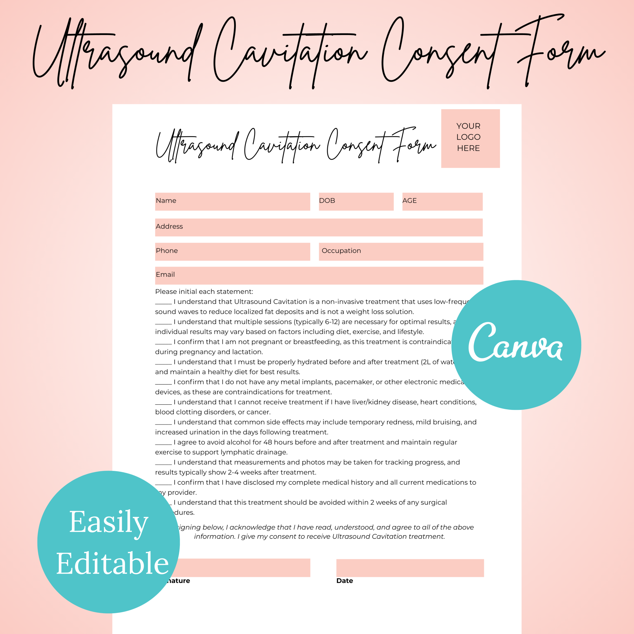 Editable Simple Ultrasound Cavitation Consent Form PDF